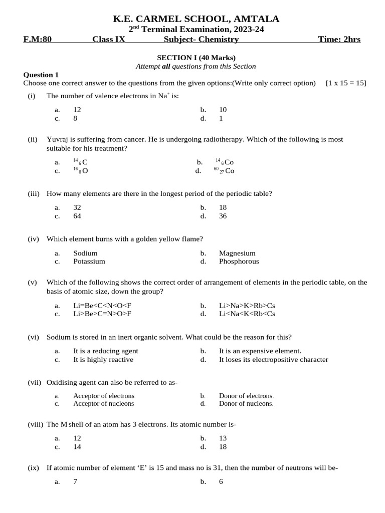 Class IX Chemistry Exam Paper 2023-24 | PDF | Periodic Table | Atomic