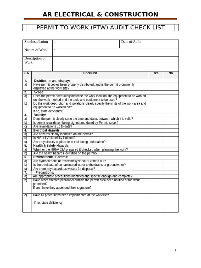 PTW Audit Checklist for Electrical Work | PDF | Occupational Safety And ...