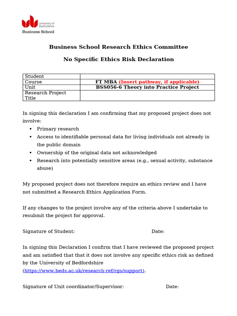 No Ethics Risk Declaration Form | PDF