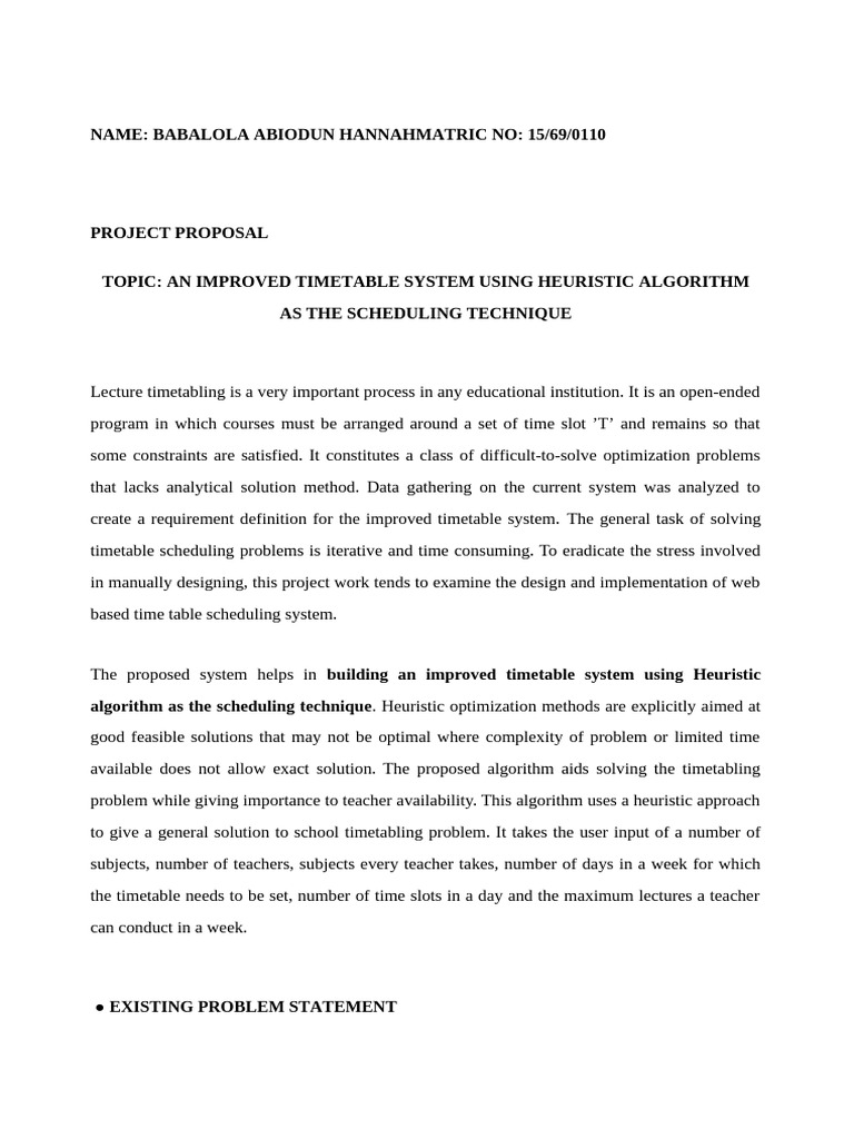 Updated Proposal On AN IMPROVED TIMETABLE SYSTEM USING HEURISTIC ...