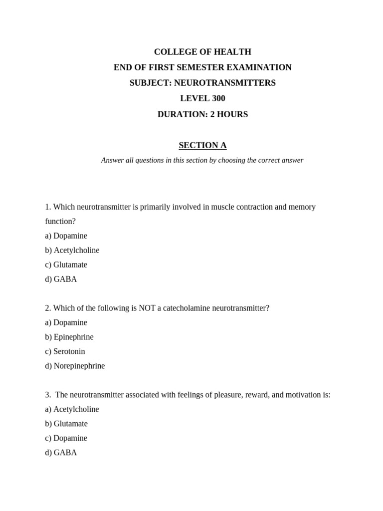 Level 300 Neurotransmitters Examination Questions For College of Health ...