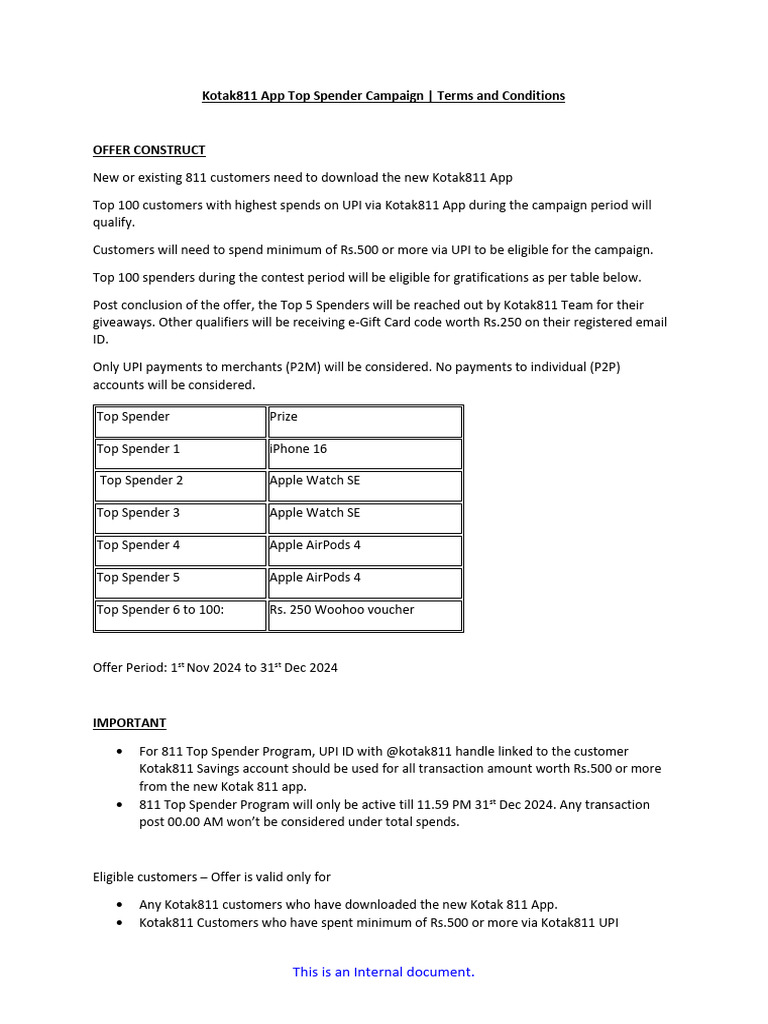 Kotak811 App Top Spender Campaign T&C | PDF | Contractual Term | Debit Card