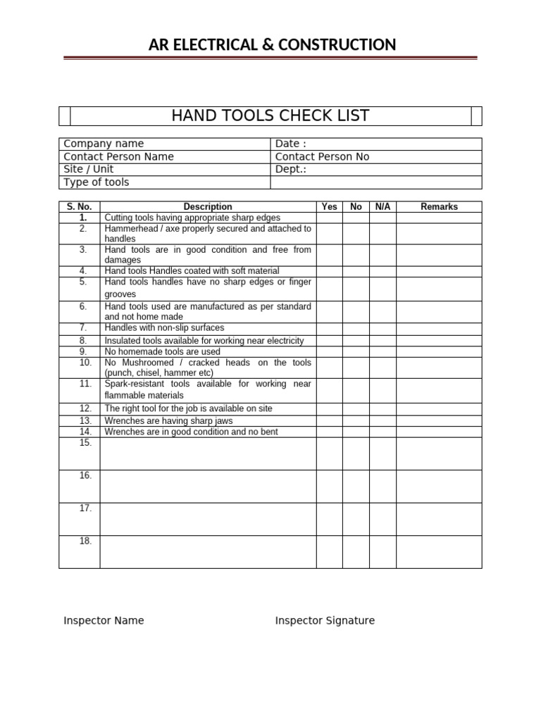 Hand Tools Checklist | PDF