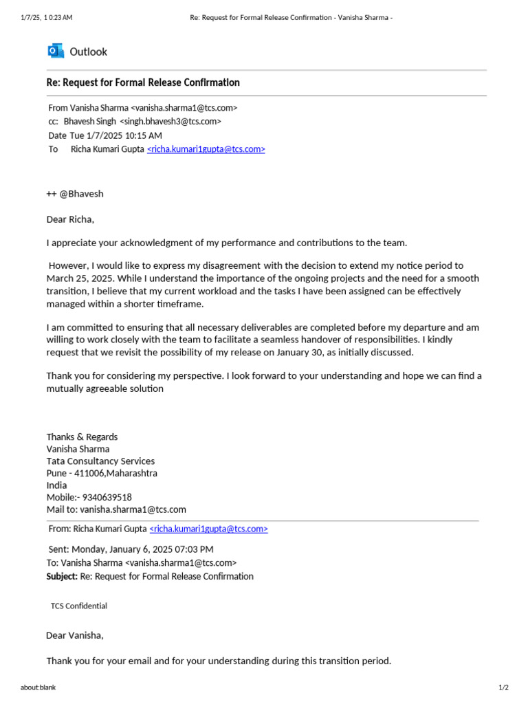 Vanisha Sharma Release Request Email | PDF