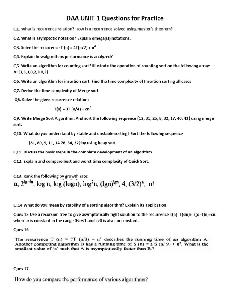 DAA Unit - 1 - Practice Questions | PDF | Recurrence Relation | Time Complexity