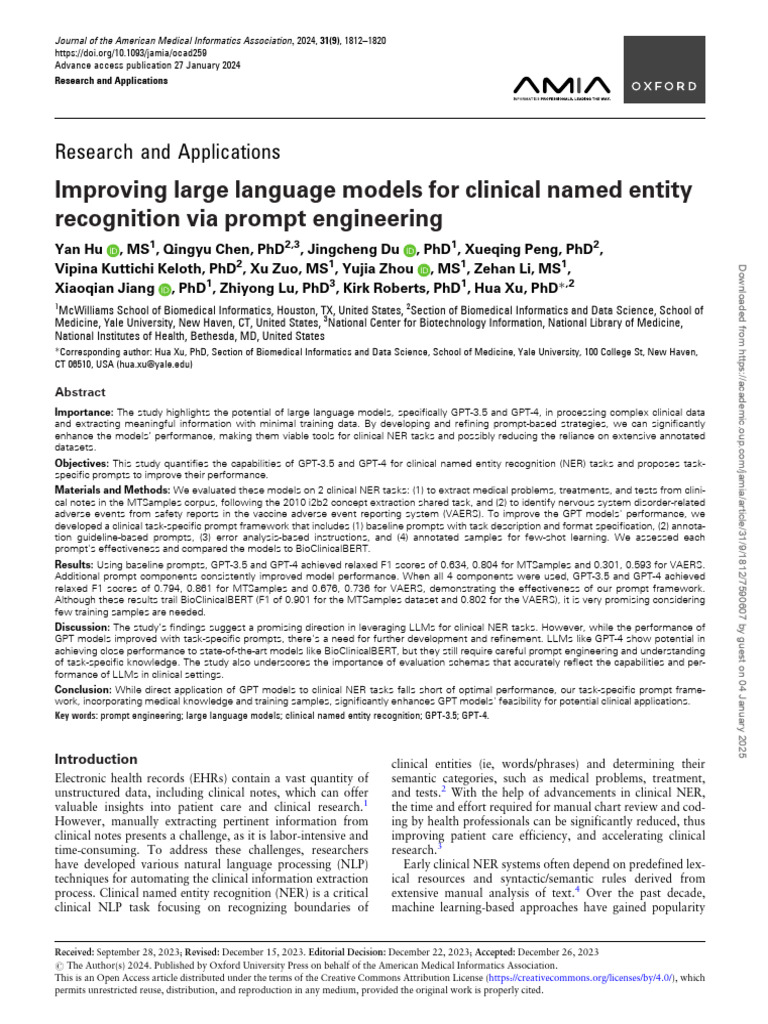Improving Large Language Models for Clinical Named Entity Recognition via Prompt Engineering ...