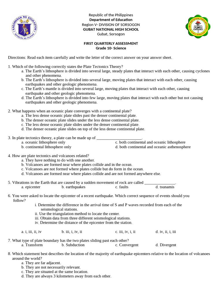 Grade 10 Science Quarterly Assessment | PDF | Plate Tectonics | Magma