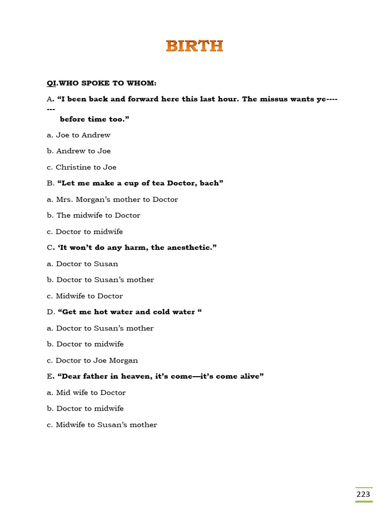 CBSE Class 11 English Birth Questions Answers | PDF