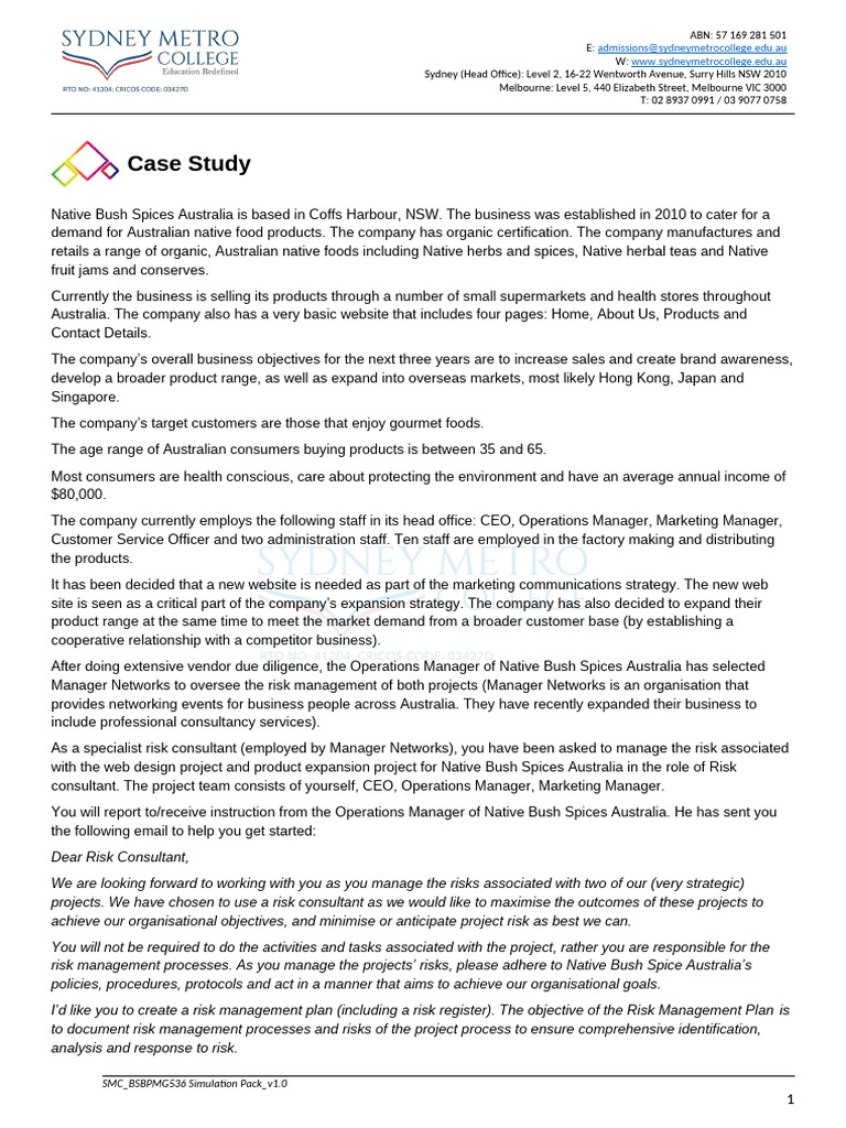 BSBPMG536 Simulation Pack_v1.0.v1.0 | PDF | Risk Management | Risk