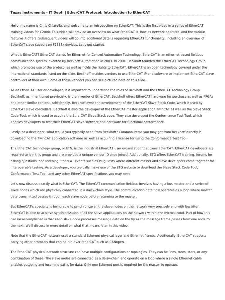 EtherCAT Protocol - Introduction To EtherCAT | PDF | Computer Network | Network Topology