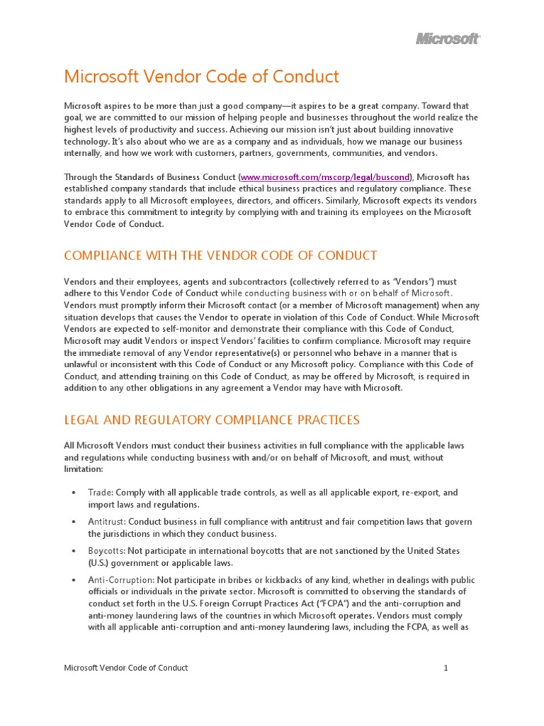 Microsoft Vendor Code of Conduct Overview | PDF | Corruption ...