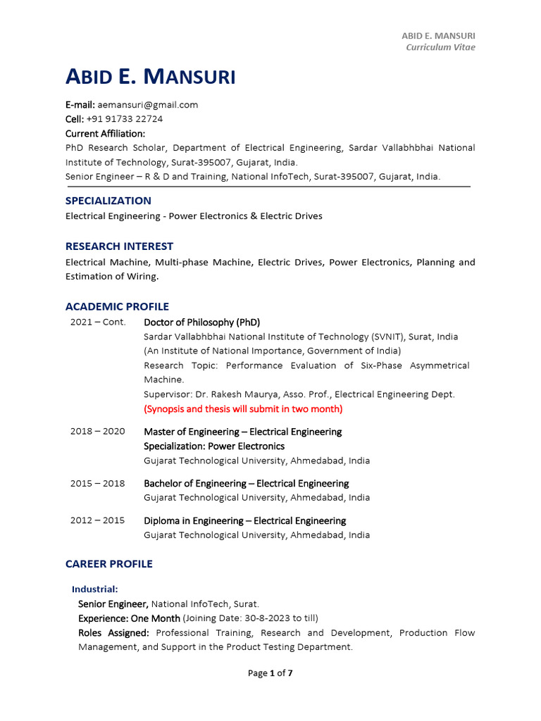 Abid E. Mansuri_CV_3125 | PDF | Computer Engineering | Electricity
