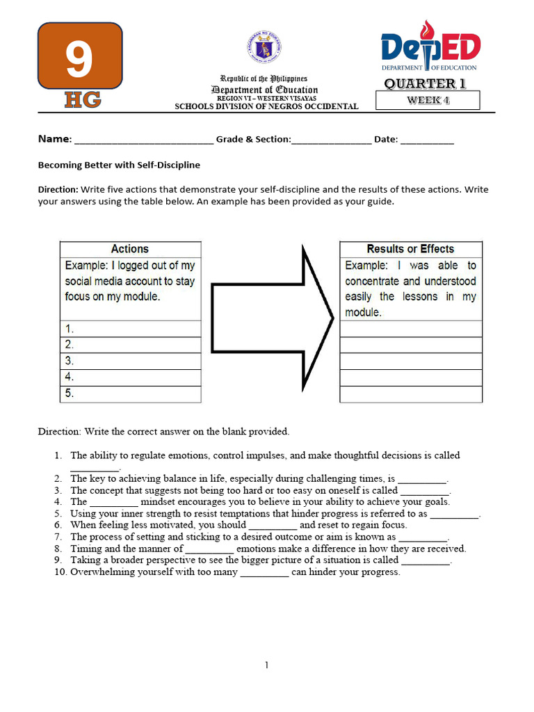 Self-Discipline Activities Worksheet | PDF