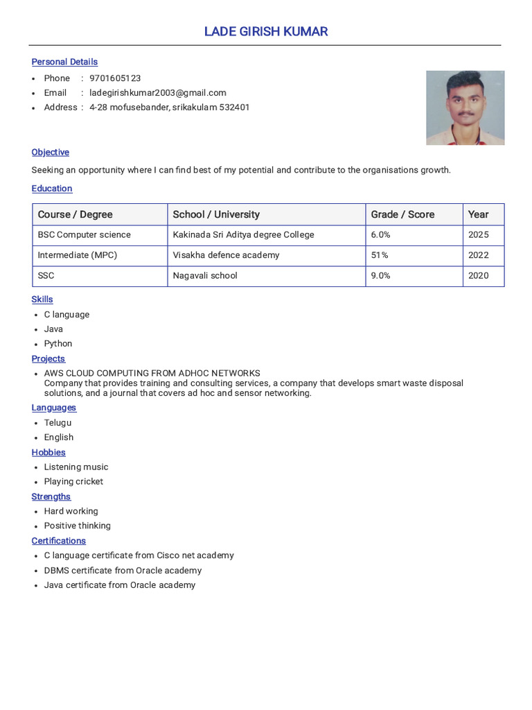 Resume of Girish Kumar - BSC Computer Science | PDF