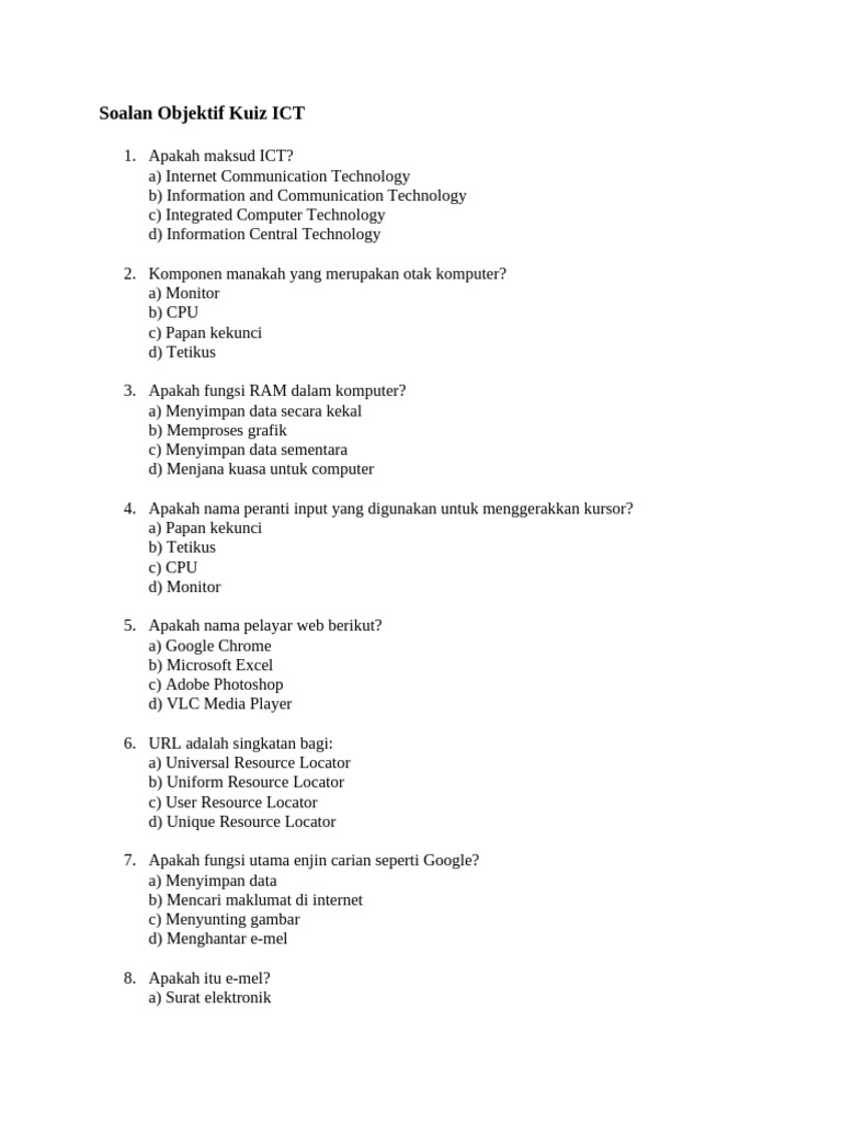 Soalan Objektif Kuiz ICT | PDF