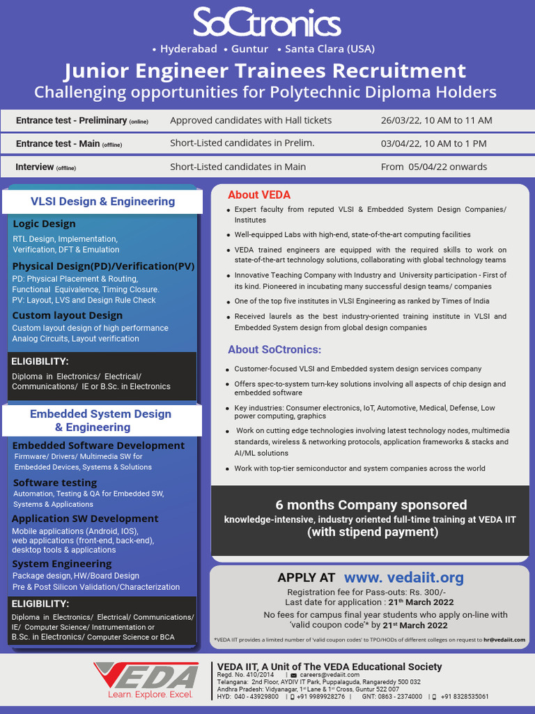 SoCtronics Jr. Engineer Trainees Recruitment - Diploma Poster | PDF ...