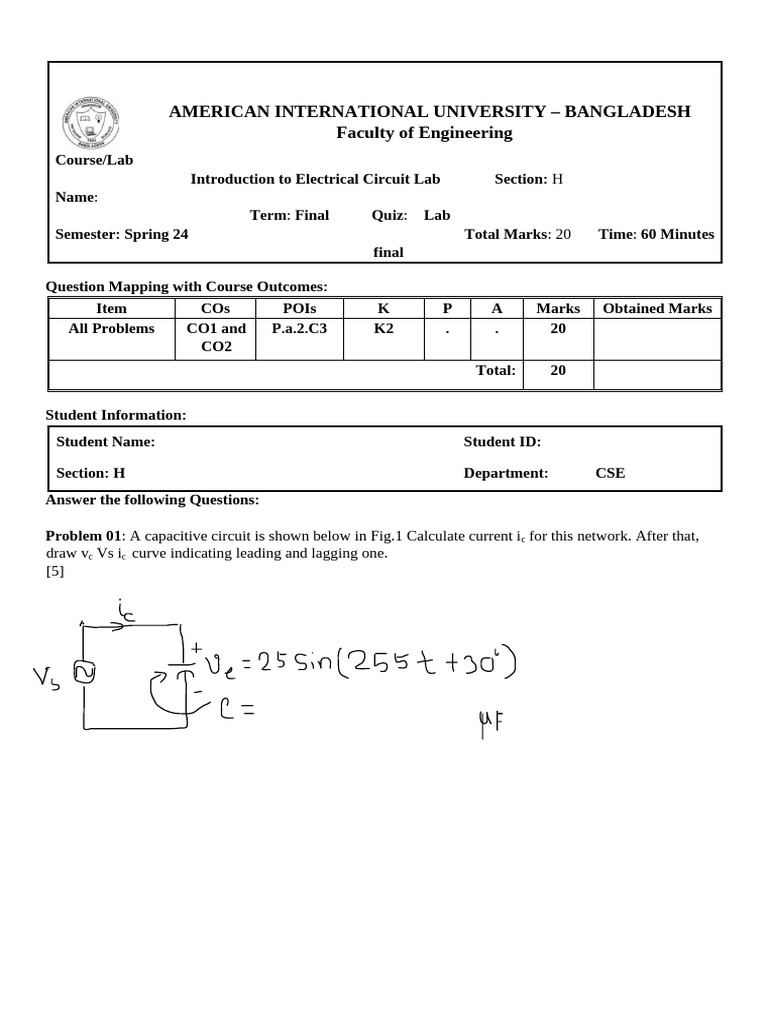 ICE Quiz - Lab Final 232 - IEC Lab - Sec H | PDF