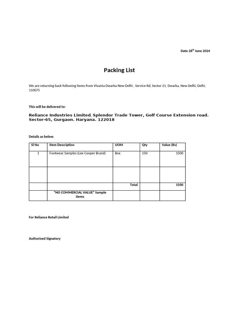 Packing List for Footwear Samples Return | PDF