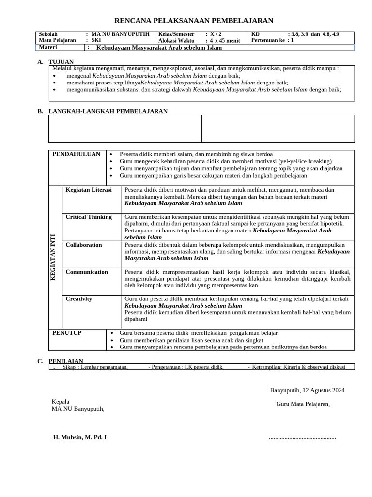 06 RPP 1 Lembar Ski Kelas 10 KD 08 09 | PDF