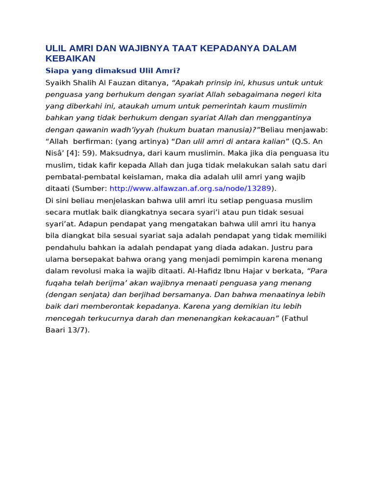 ULIL AMRI DAN WAJIBNYA TAAT KEPADANYA DALAM KEBAIKAN | PDF