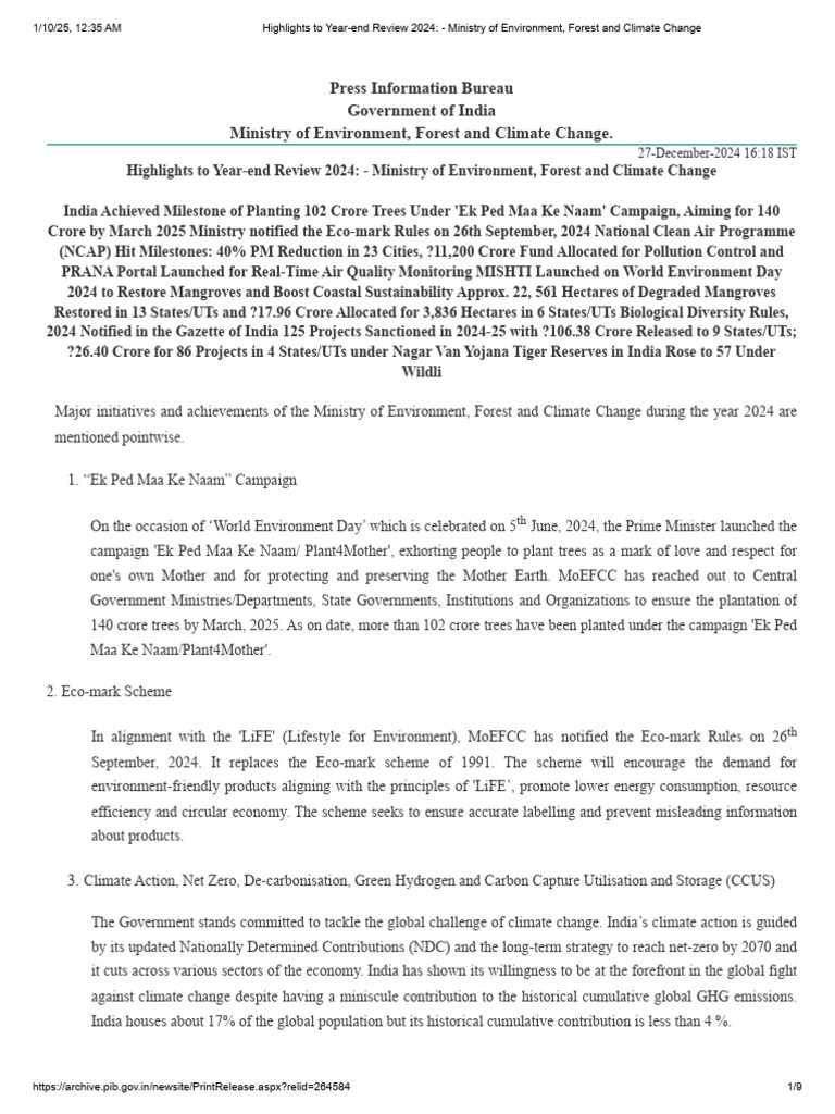 Press Info Bureau Year End Review 2024 All Files | PDF | Sustainability ...