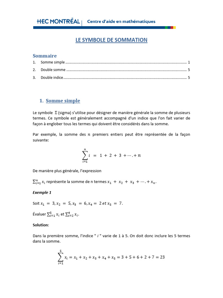 Comprendre le symbole de sommation | PDF | Somme (arithmétique ...