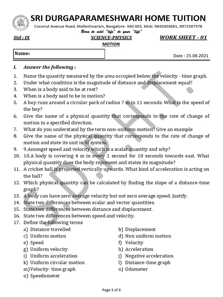 Class 9 Physics Motion Worksheet | PDF | Velocity | Acceleration