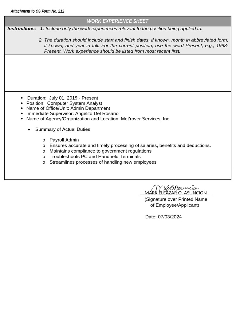 CS Form No. 212 Attachment - Work Experience Sheet 2 | PDF