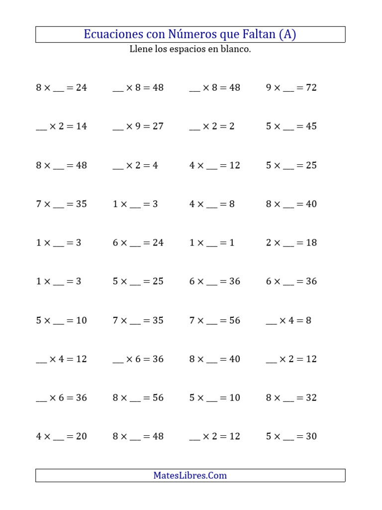 Multiplicacion Con Numeros Faltante | PDF