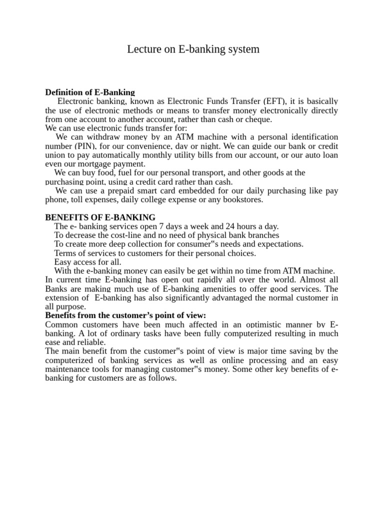 Lecture On e Banking | PDF | Online Banking | Banks & Banking