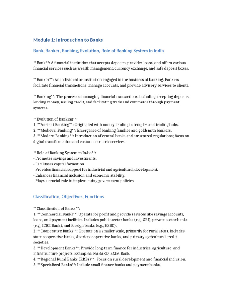 Detailed Notes Introduction To Banks Module1 | PDF | Banks | Reserve ...