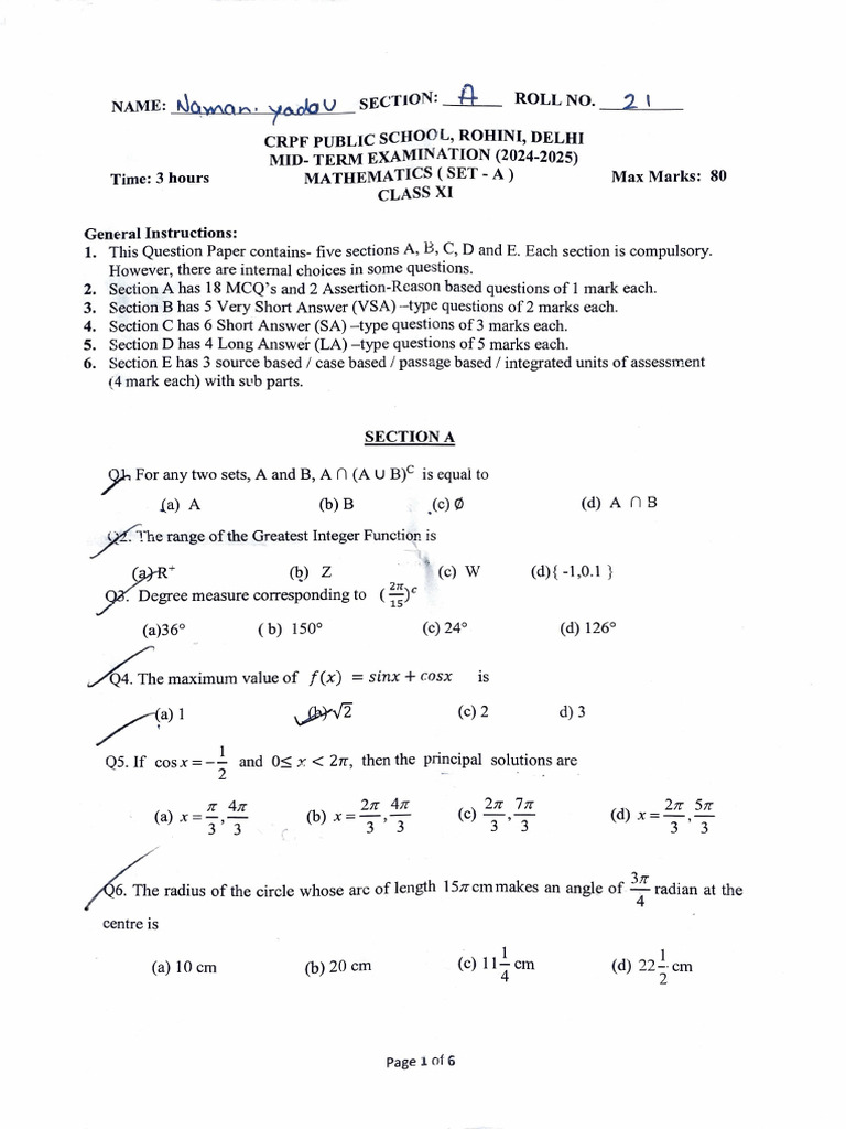 XI Maths Midterm CRPF 24-25 | PDF | Theoretical Computer Science | Graph Theory