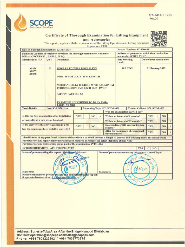 3x Single Leg Wire Rope Slings - 18 Ton Certificates | PDF ...