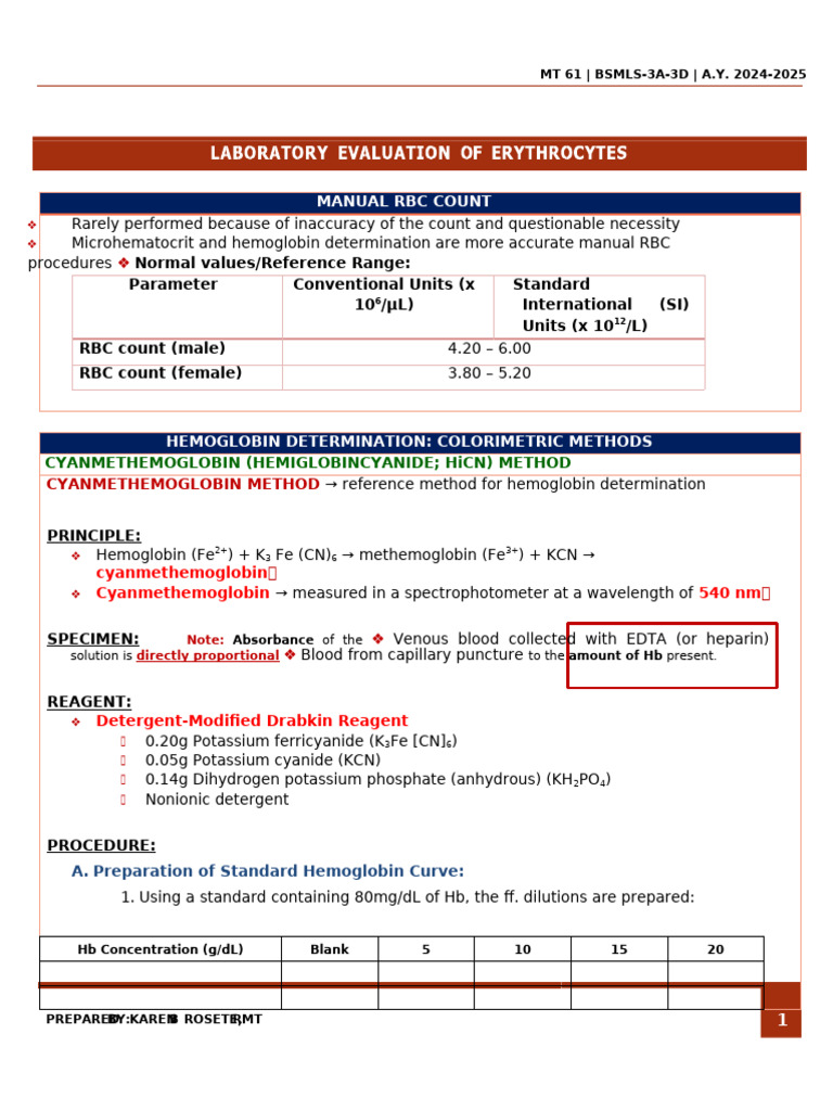 Lab 1 Laboratory Evaluation of Erythrocytes Part 1 | PDF | Hemoglobin ...