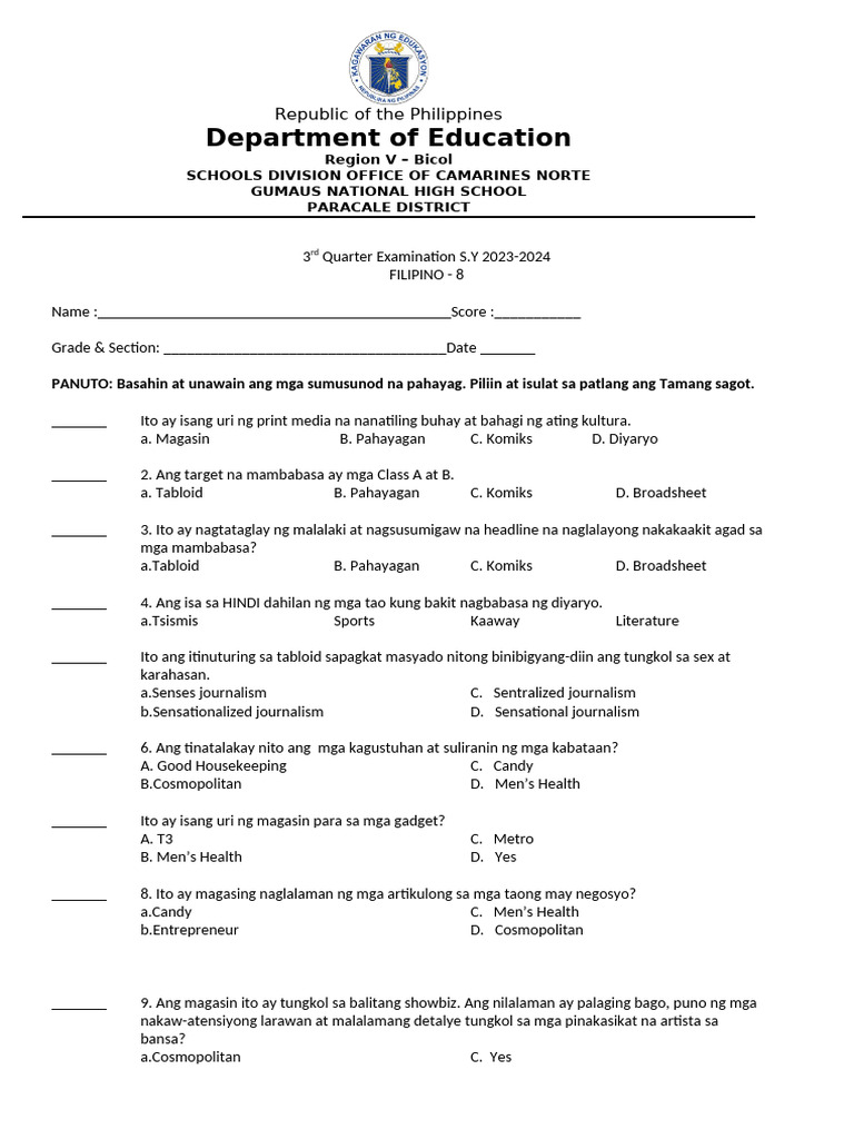 TEST-PAPER GRADE 8 FILIPINO | PDF
