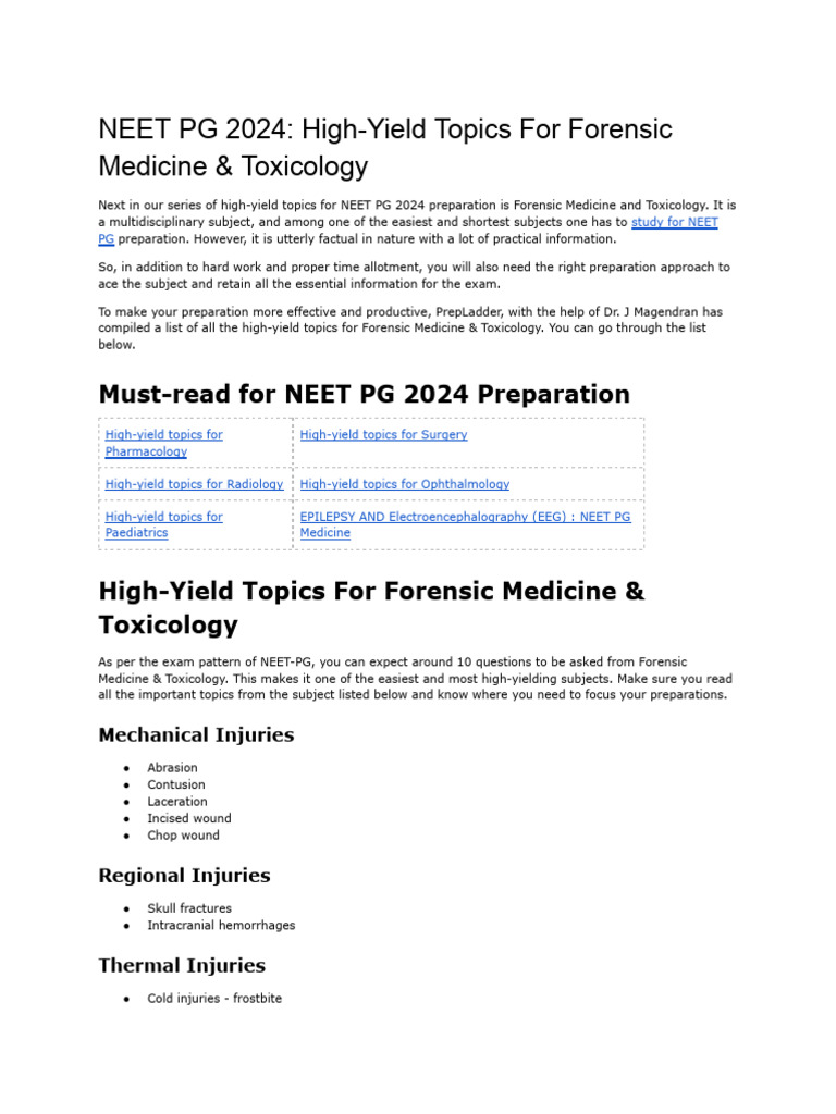 NEET PG 2024 - High-Yield Topics For Forensic Medicine & Toxicology | PDF | Forensic Science ...