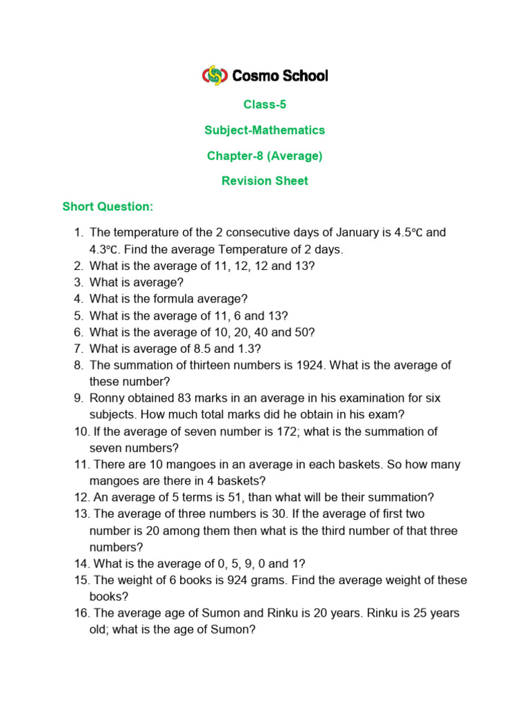 Average Calculation Revision Sheet | PDF