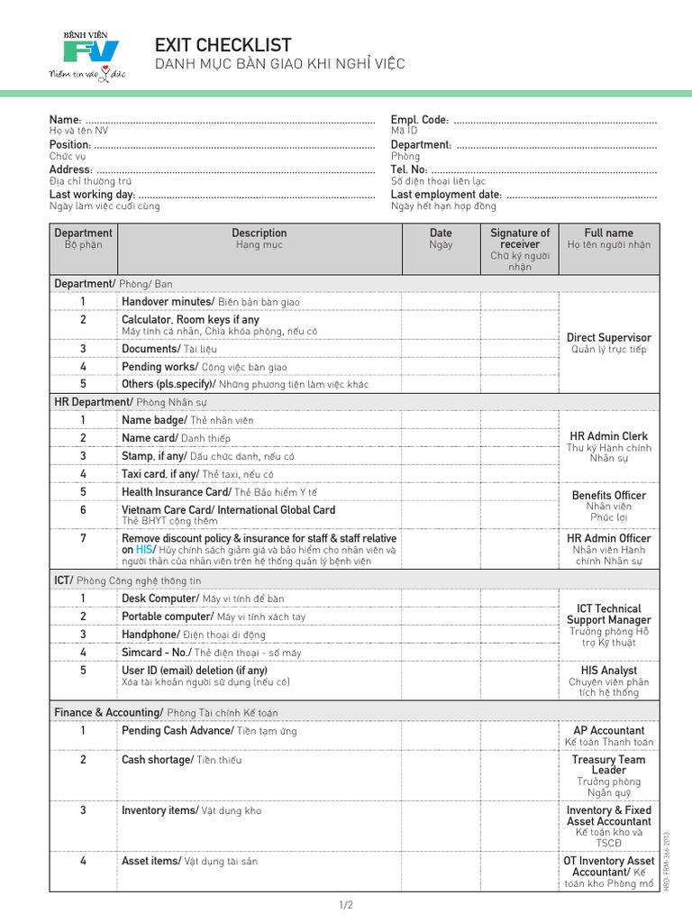366 HRD Exit Checklist V1 (ENG - VN) | PDF