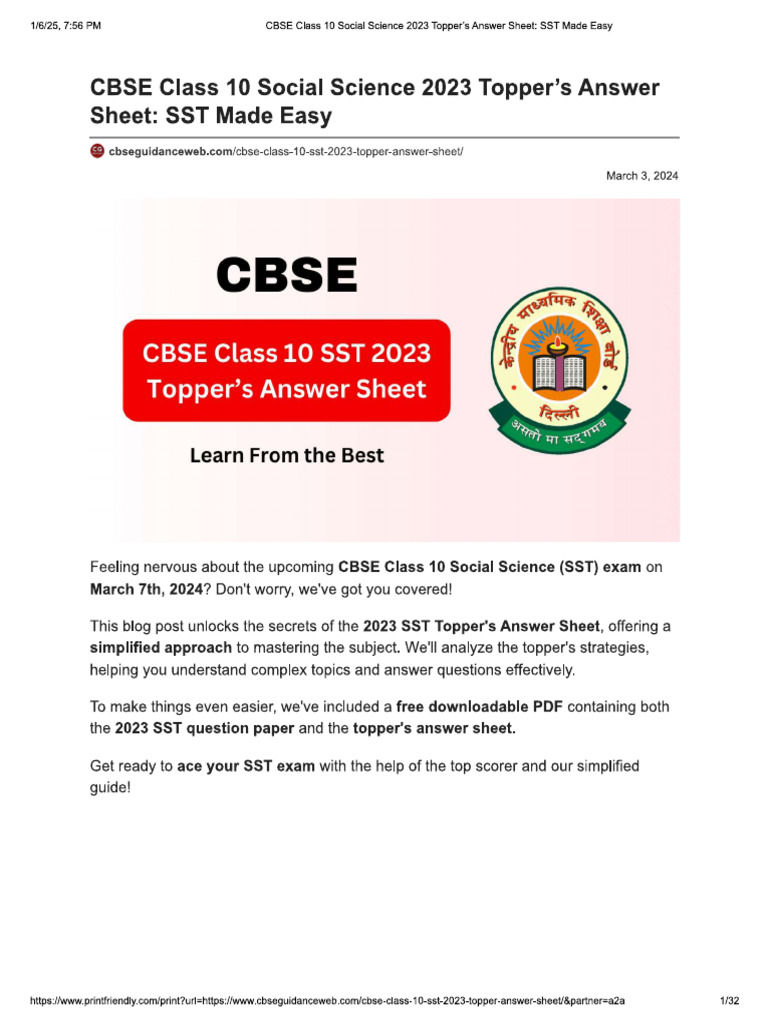 SST Board Topper Answer Sheet | PDF