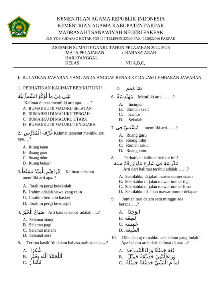 Soal Kelas VII.Thn 2024-2025 docx - Salin | PDF