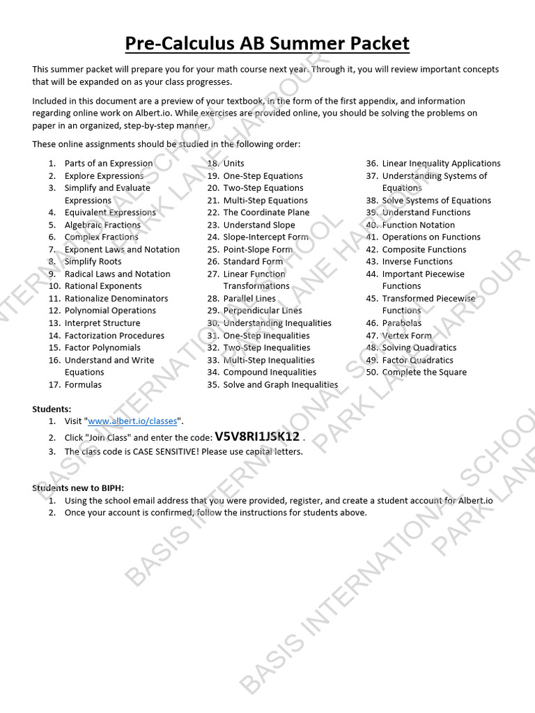 Pre-Calculus AB Summer Packet 2024 | PDF | Equations | Function (Mathematics)