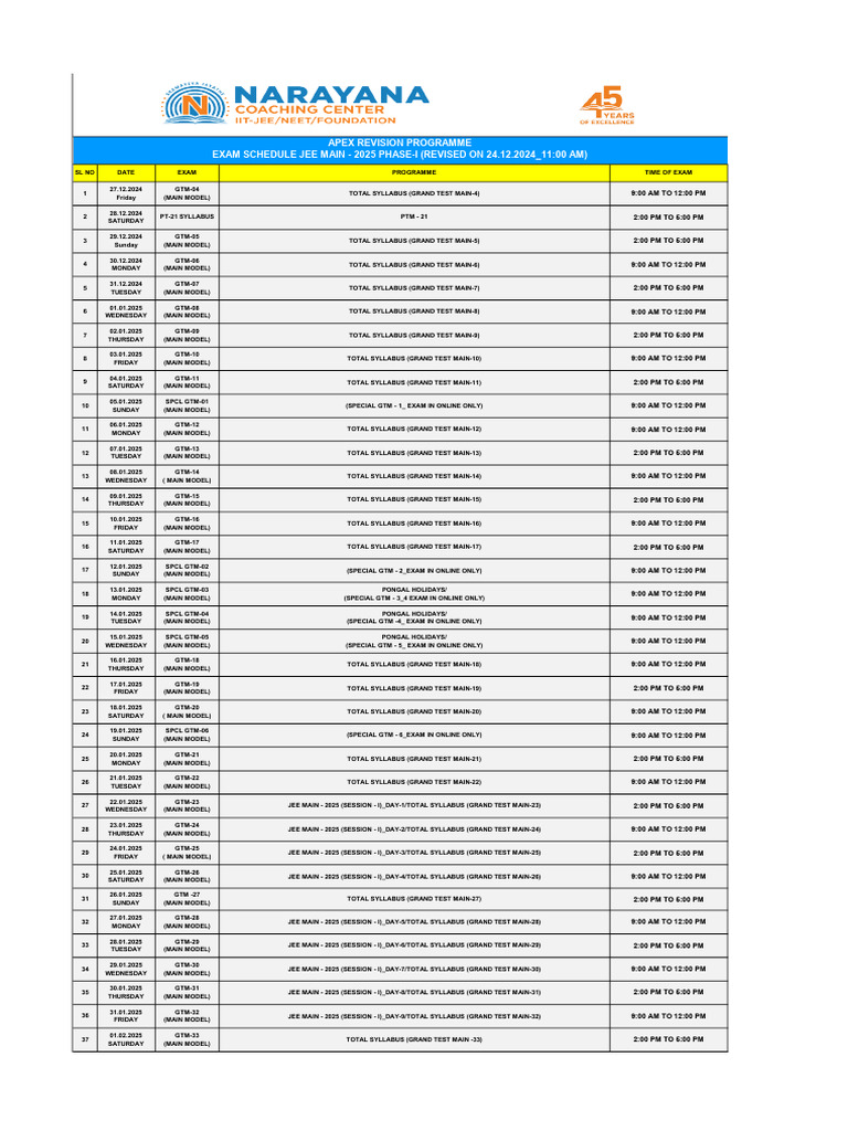 Apex JEE GTM Schedule - 2024-25 (Revised) | PDF