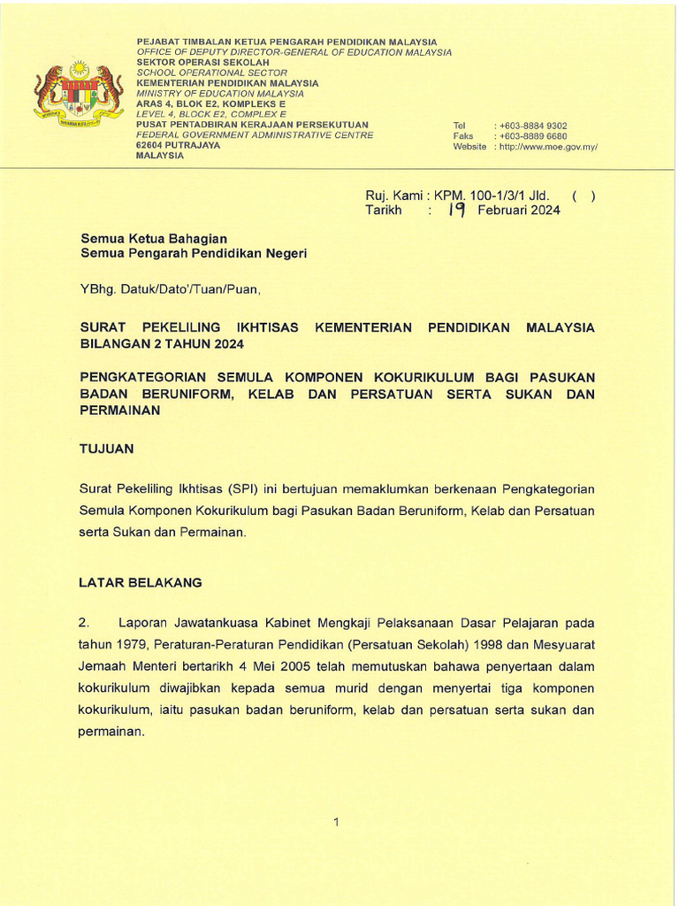 Spi Bil 2 Tahun 2024 Pengkategorian Semula Komponen Kokurikulum | PDF