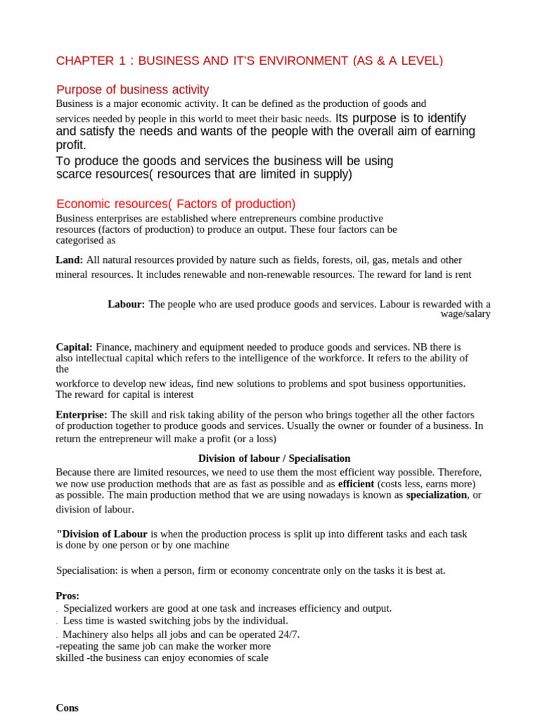 Chapter 1 Business and Its Environment As and A Level | PDF ...