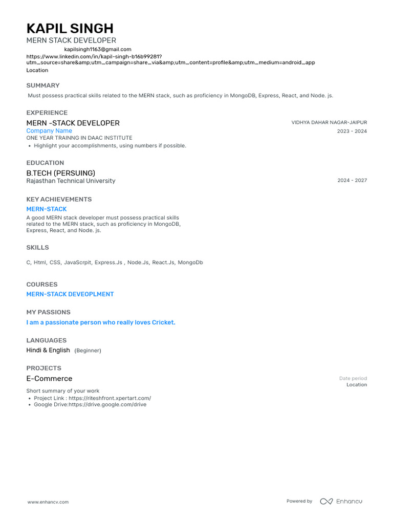 MERN Stack Developer Profile - Kapil Singh | PDF
