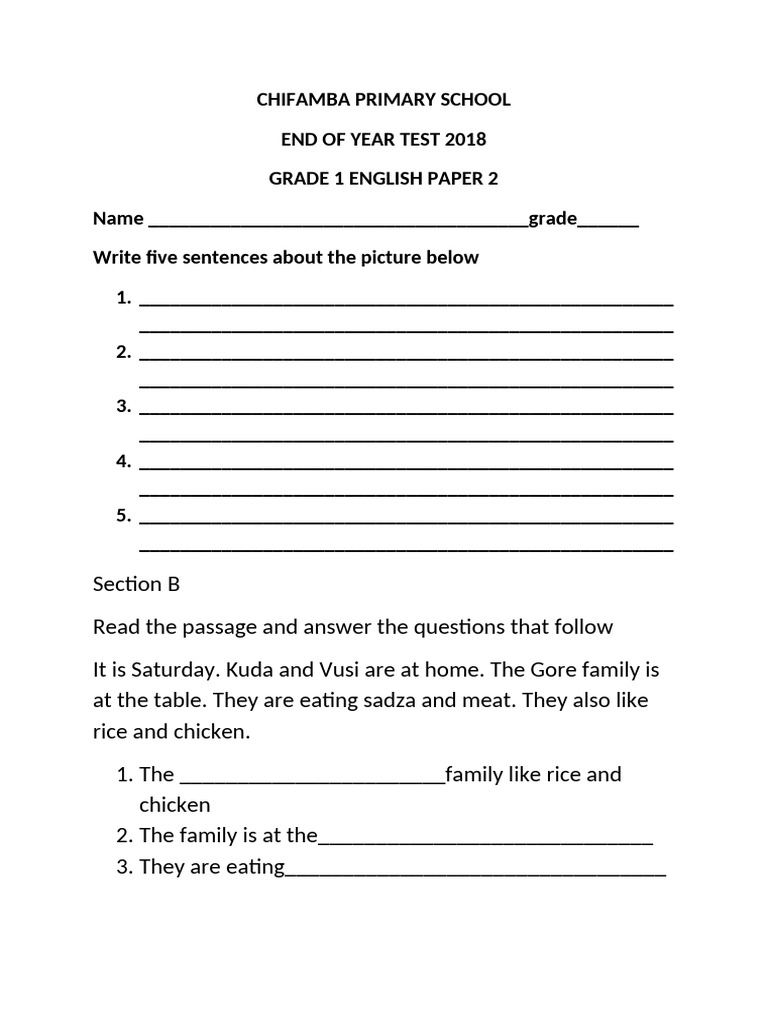 2018 Grade 1 Paper 2 English (1) (1) | PDF