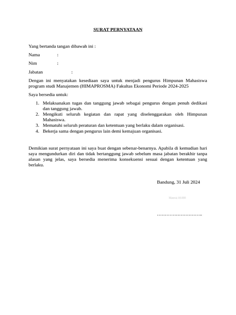 Surat Pernyataan Anggota Hima 24-25 | PDF