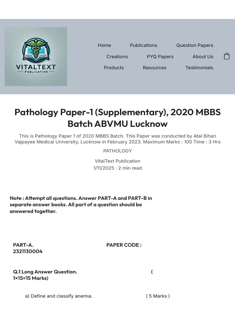 Pathology Paper-1 (Supplementary), 2020 MBBS Batch | PDF