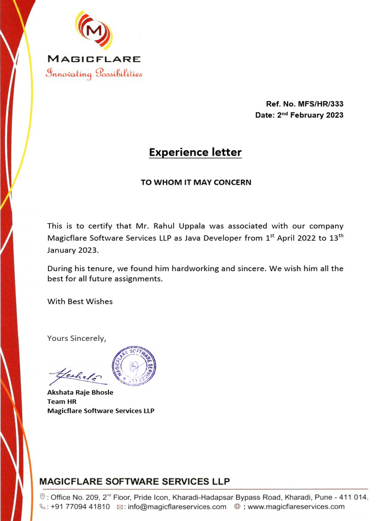 MFS Experience Letter Rahul Uppala | PDF
