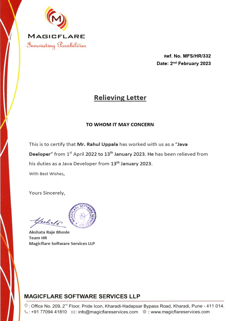MFS - Relieving Letter - Rahul Uppala | PDF